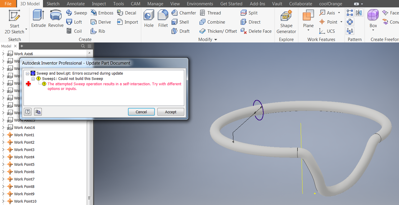 Error: "The attempted Sweep operation results in a self-intersection" in Inventor
