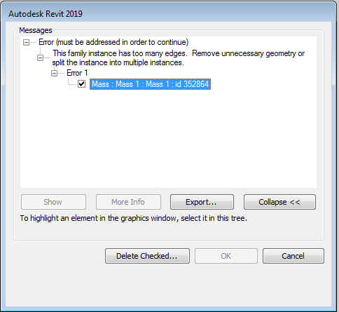 "This family instance has too many edges" when opening model in Revit