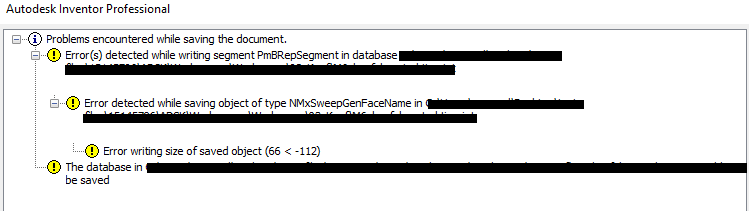 writing segment PmBRepSegment...", "... NMxSweepGenFaceName..." and "Error writing size of saved ...