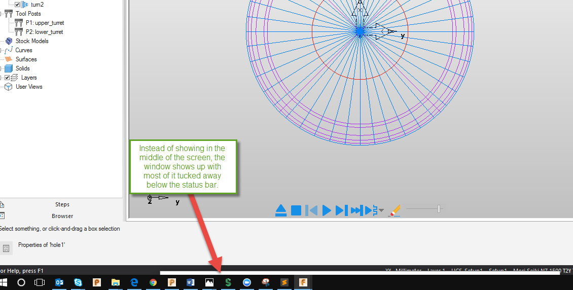 Feature Properties window or other dialogs not showing on screen in FeatureCAM