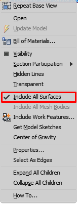 Surface body parts are not visible in Inventor drawing view