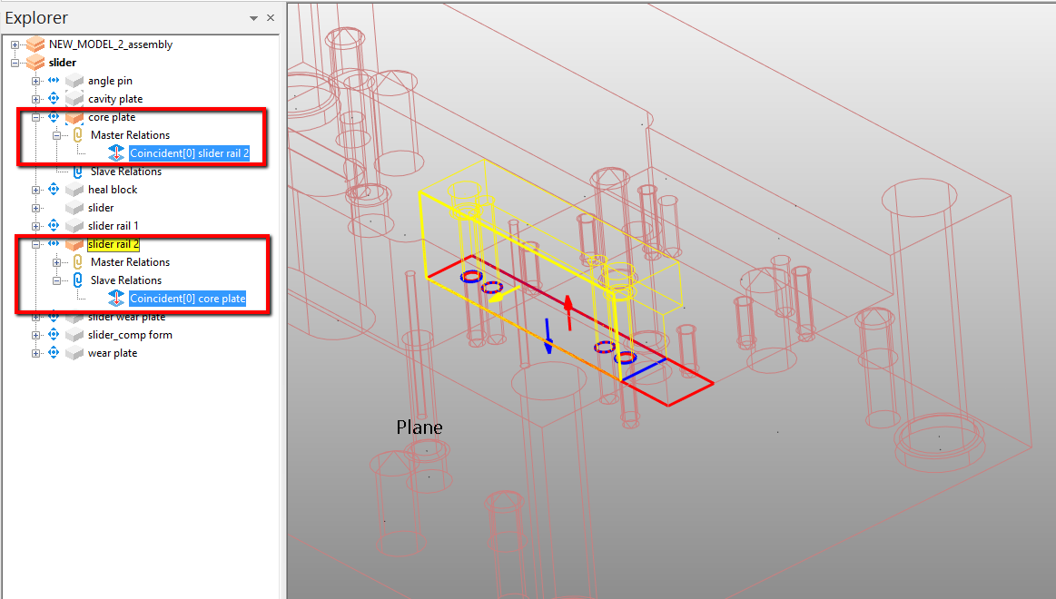 How to make sliding core assembly relationships in PowerShape.