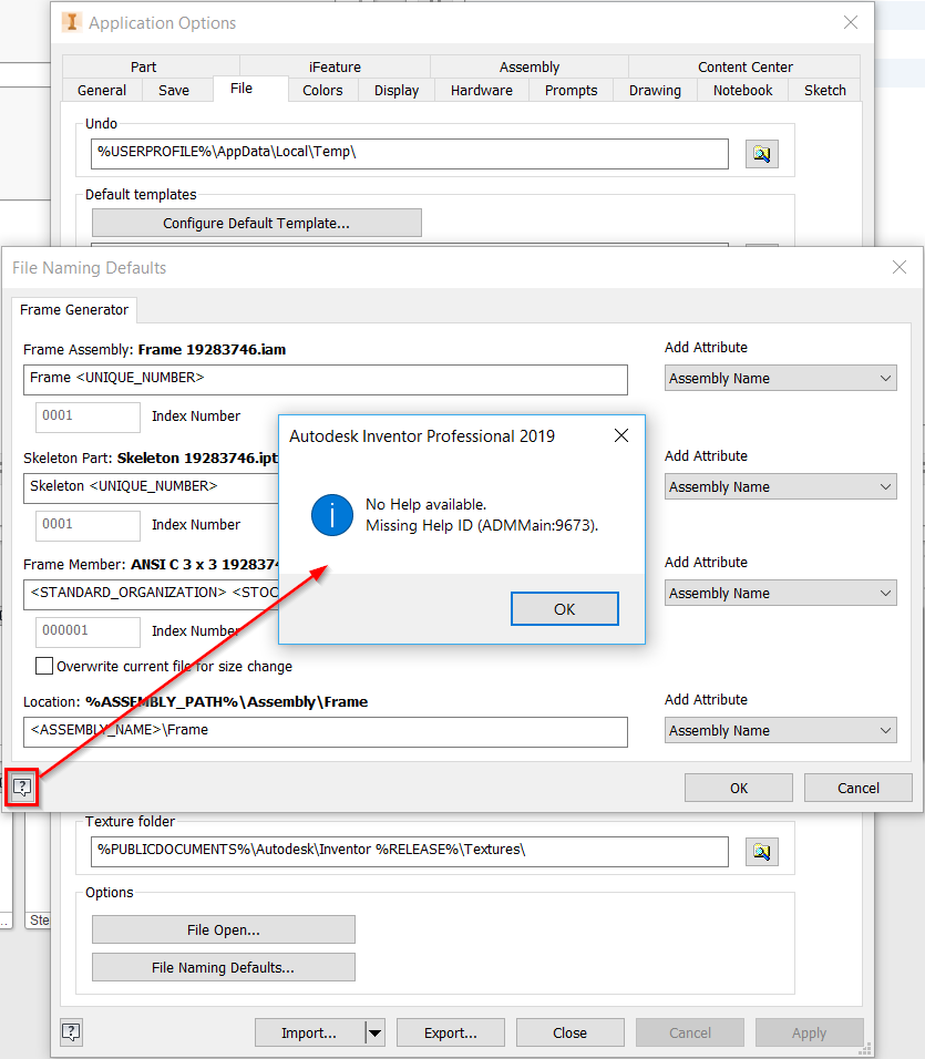 错误： “没有可用的帮助。缺少帮助 ID （ADMMain：9673）Inventor”。