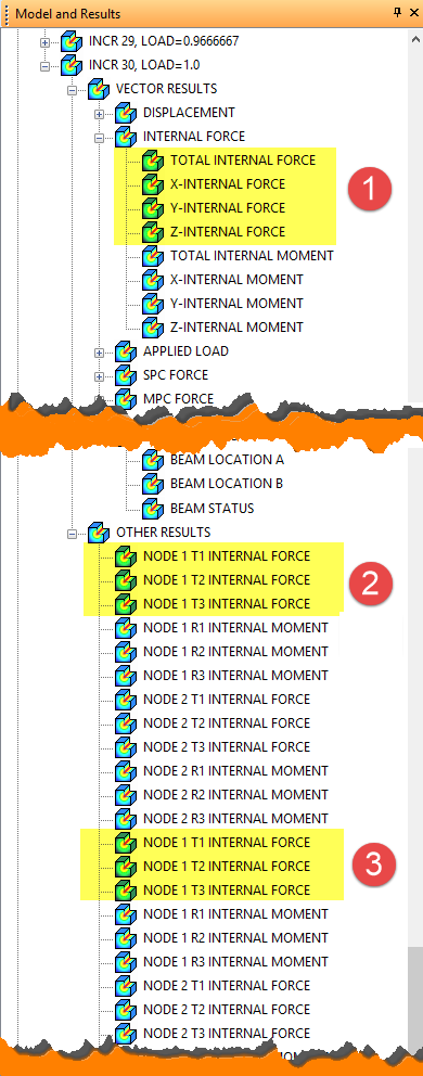What are the internal force results in Nastran In-CAD and Inventor Nastran