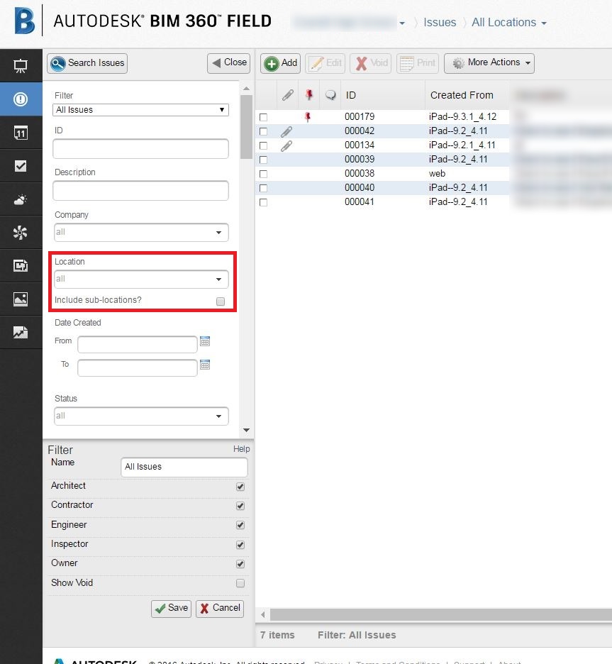 所有问题均未显示在 BIM 360 Field（经典）Web 应用程序上的问题部分中