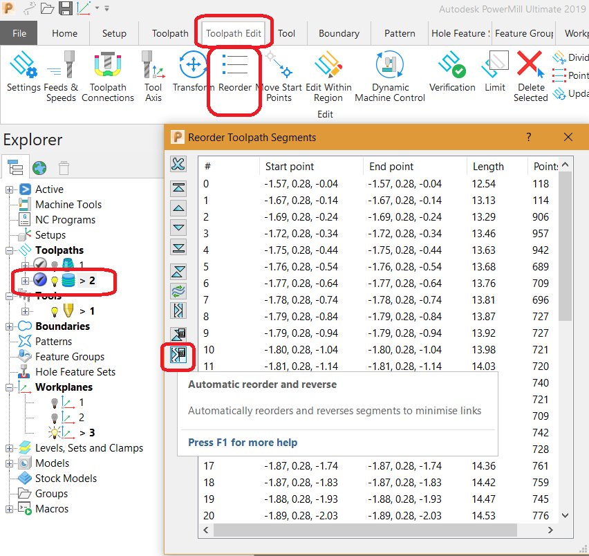 How to reorder the toolpath using automatic reorder and reverse in PowerMill.