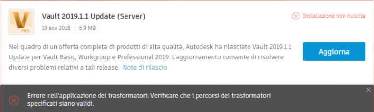 "Error applying transforms. Verify...paths are valid" updating Vault