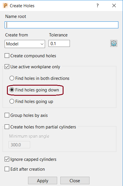 How to create Hole Feature Sets in downward direction in PowerMill