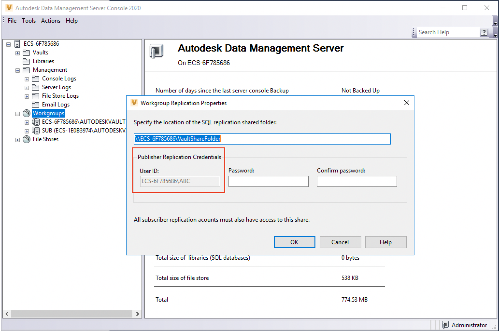 Changing Vault Professionals "Publisher Replication Credentials", "User ...