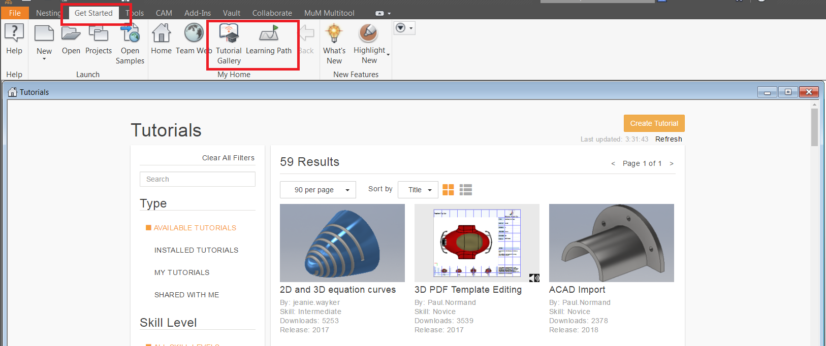 Are there tutorials files for Inventor
