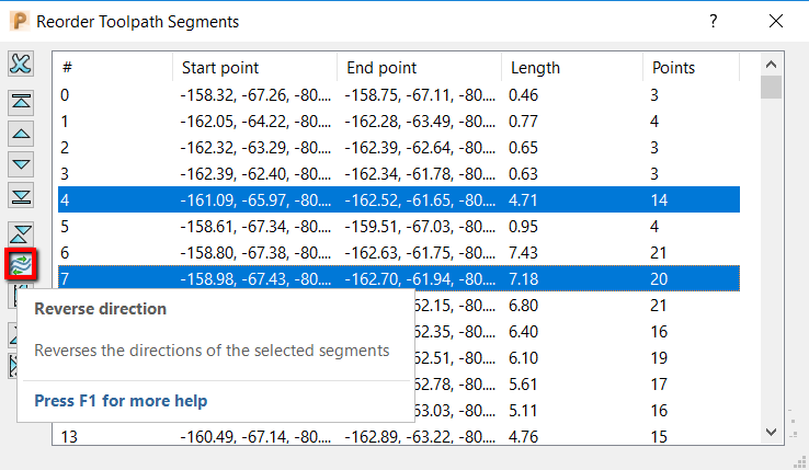 How to change the cut direction of calculated toolpath segments in PowerMill