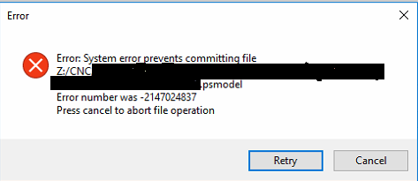 "System error prevents committing files" while saving and opening model in PowerShape