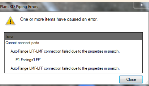 "Cannot connect parts" when trying to insert a flange onto a pipe in AutoCAD Plant 3D