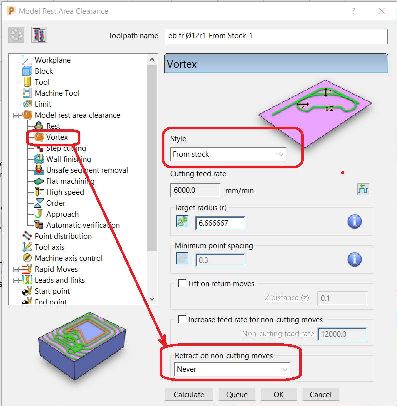 How to reduce the number of lifts in a vortex toolpath in PowerMill.