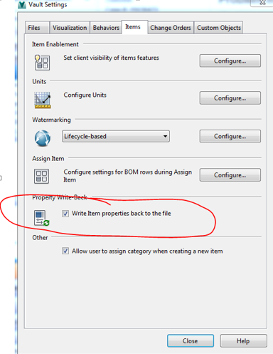 Autodesk Vault does not write back the item properties to file property
