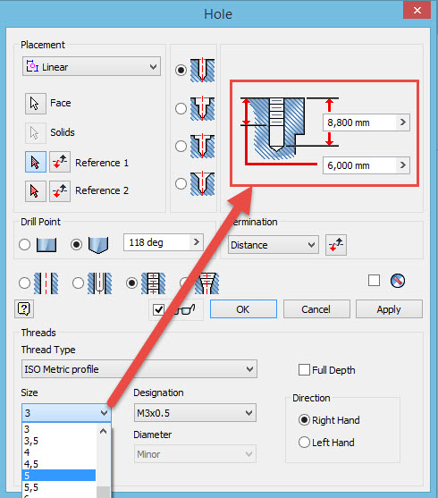 Inventor: When changing hole diameter hole depth is adjusted automatically by Inventor
