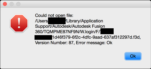 "Could not open file" message when opening a Fusion design