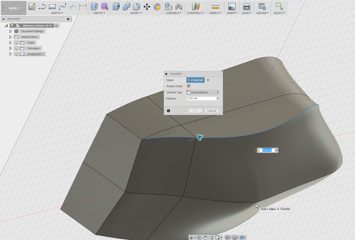 Fusion 360 fails to create chamfer between near tangent faces