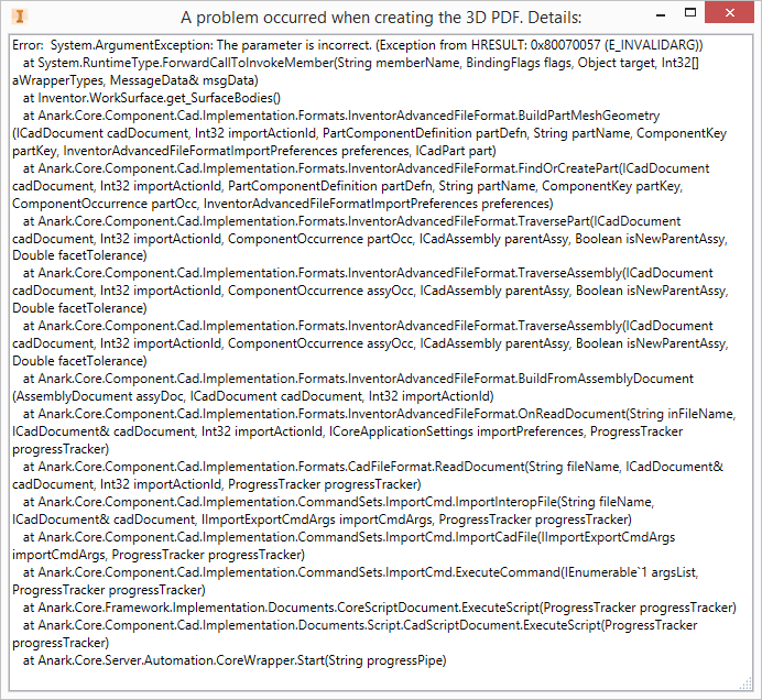 Inventor 2018 Error: A problem occurred when creating the 3D PDF