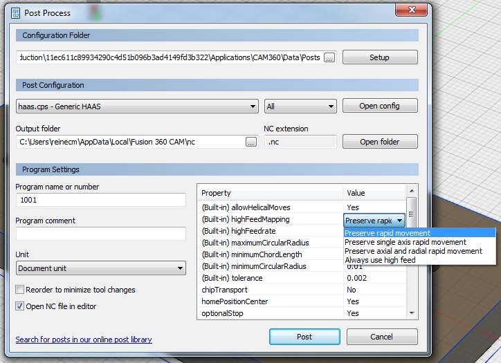 How to change the High Feedrate Mode in Fusion 360 CAM / HSM