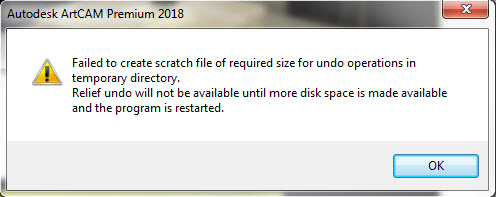 Error when opening ArtCAM: Failed to create scratch file
