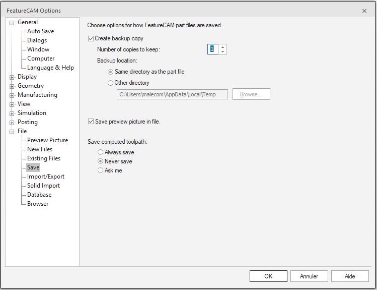 如何在 FeatureCAM 中创建自动备份文件。