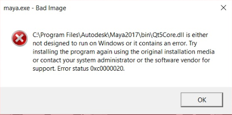 "Maya.exe - Bad Image: Error Status 0xc0000020" while launching Maya