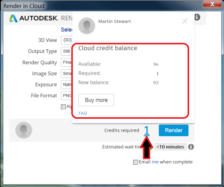 How to find available tokens or credits for rendering to the cloud