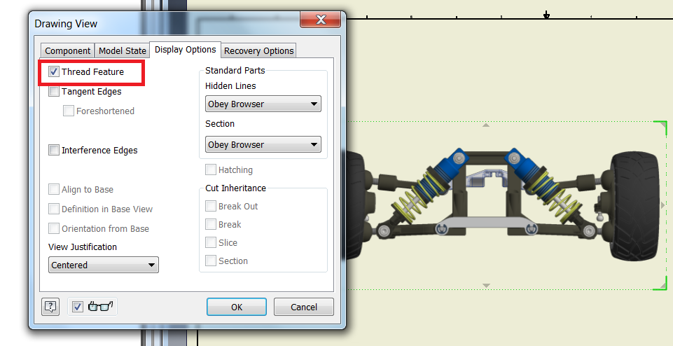 Inventor drawing doesn't display threads in shaded view