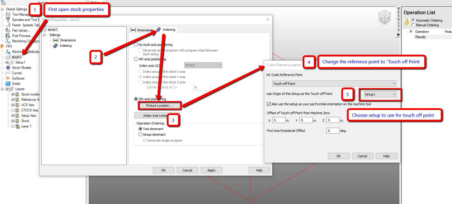 Using a setup to establish a touch off point for 5 axis in FeatureCAM