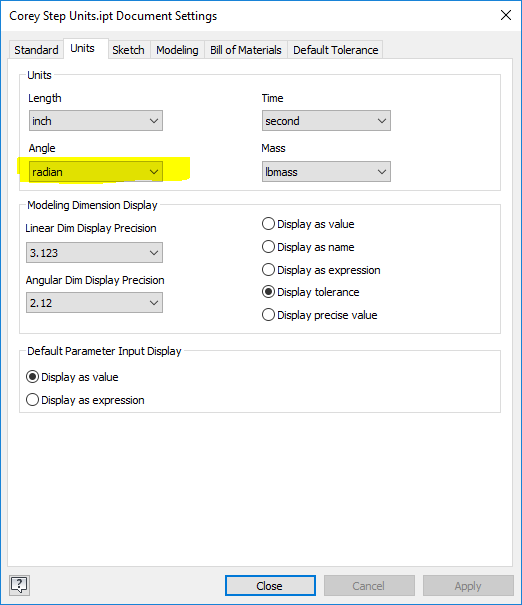 Importing step file into Inventor does not honor Document Units Setting for Angle