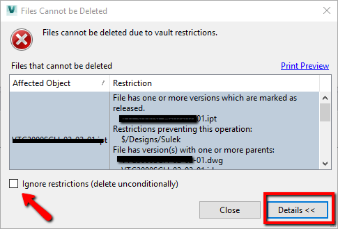 "File cannot be deleted due to vault restrictions. File has versions(s ...