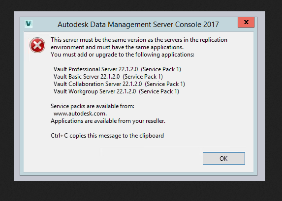 'This server must be the same version..." when connecting to the Vault server or open the ...