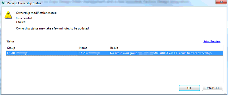 “工作组'%WORKGROUP%\AUTODESKVAULT'中的任何站点都无法转移所有权。” 尝试转移 Vault 对象的所有权时
