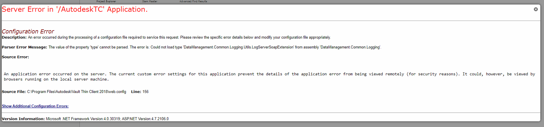 "Could not load type 'DataManagement.Common.Logging.Utils.LogServerSoapExtension'" error message ...