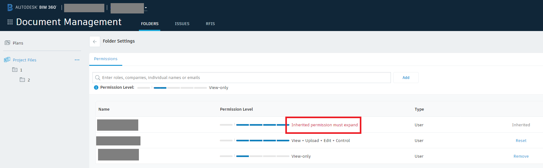 "Inherited permissions must expand" when trying to change member's permission within BIM 360 folder