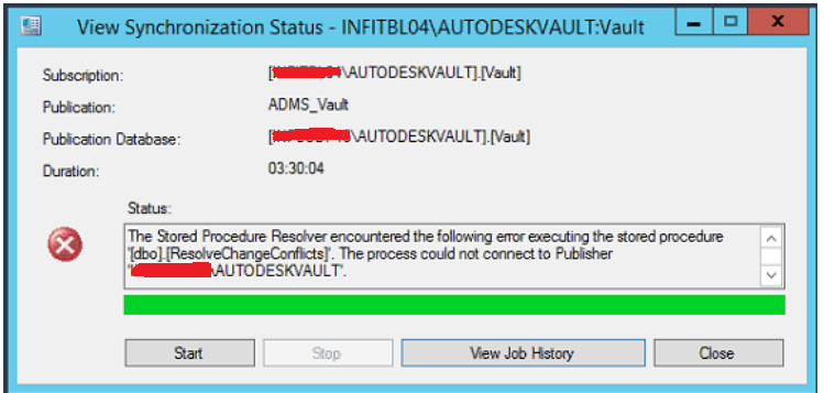 Vault Merge Replication display error message "The process could not ...