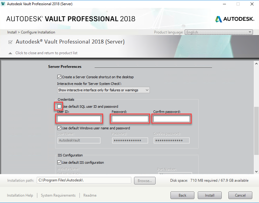 What is the process for installing Vault Server using a different account other than the "sa ...