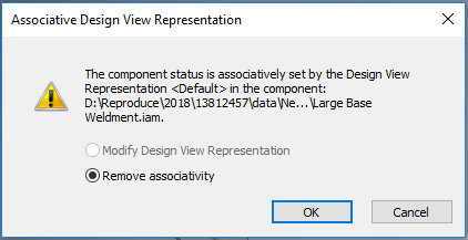 Cannot turn on or off visibility of a part without removing the associativity message in Inventor