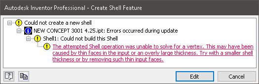 Why will an Inventor shell feature fail?