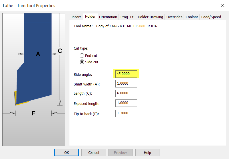 How to set a turning tool to a specific B-angle in FeatureCAM