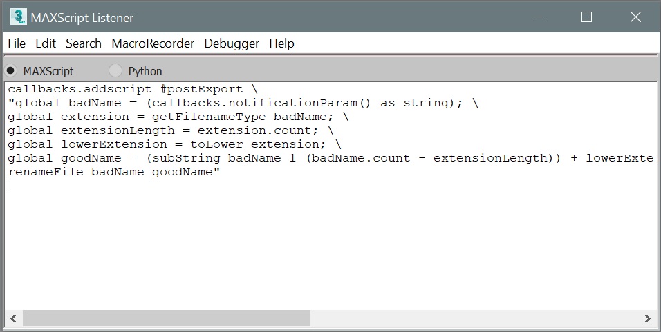 How to use MAXScript to force exported files from 3ds Max to save with lowercase filename extensions