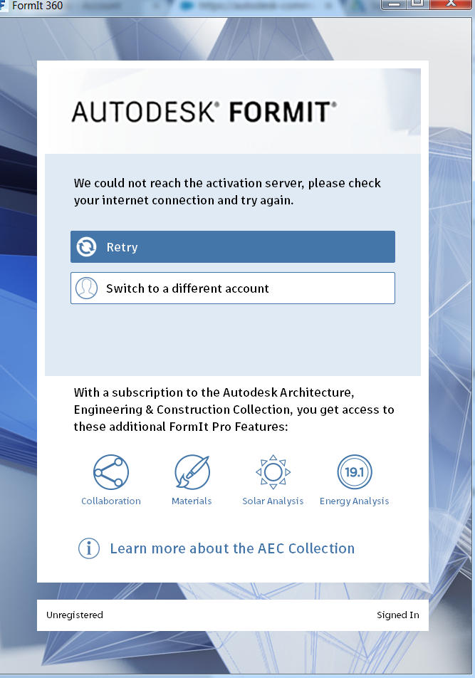 错误：“我们无法访问激活服务器，请检查您的 Internet 连接，然后重试。” 正在启动 FormIt
