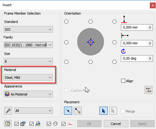Material selection for member parts from Frame Generator in Inventor