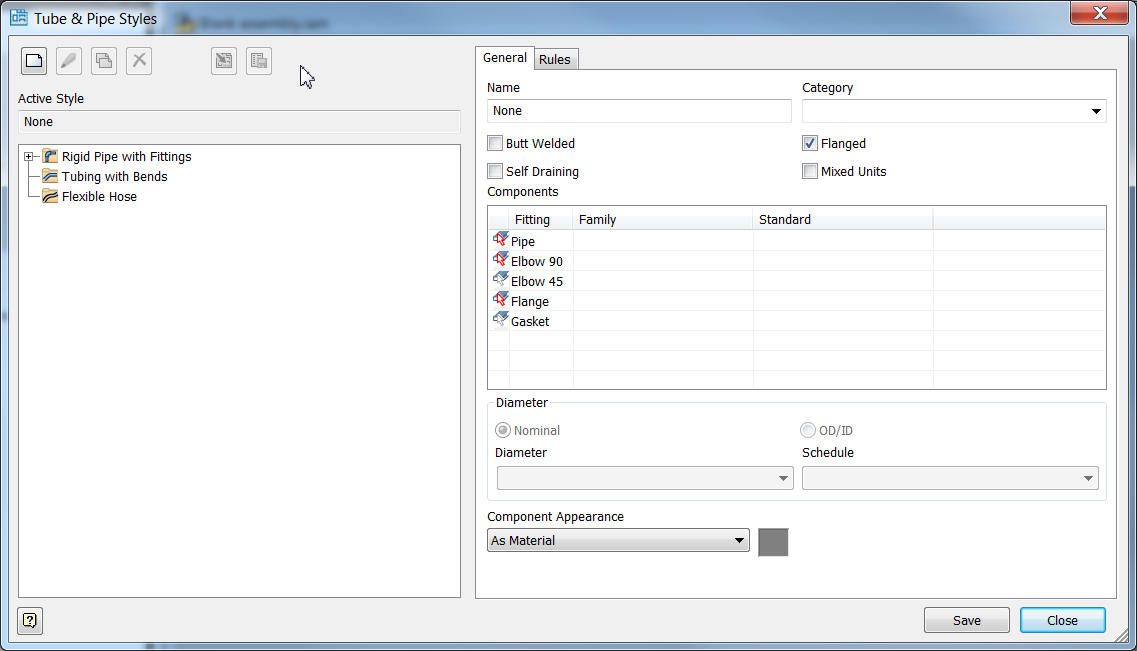 Tube and Pipe styles appear empty in Inventor assembly