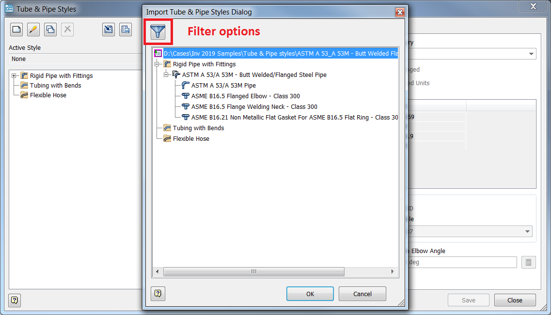 Tube and Pipe styles appear empty in Inventor assembly