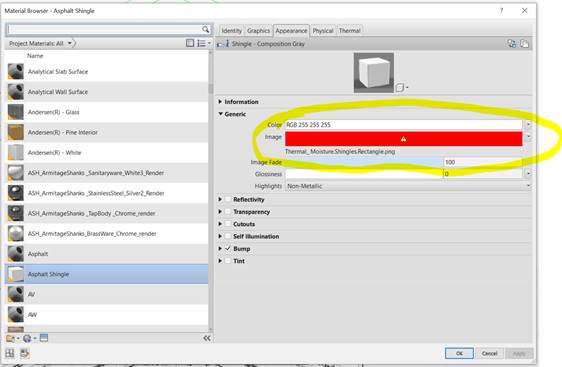 Materials missing and the dialog box shows a yellow triangle in Revit