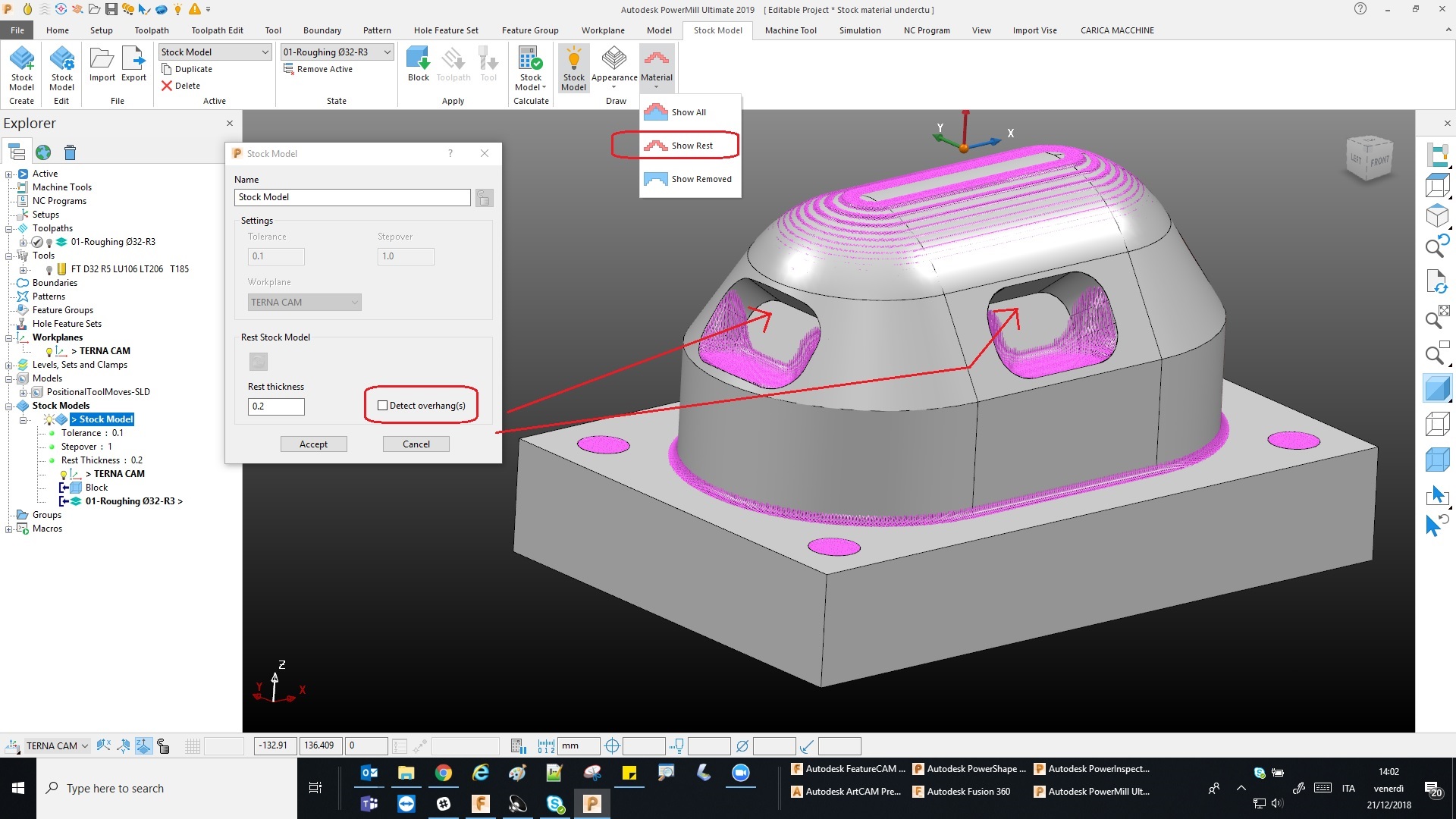 How to show stock model undercut in PowerMill