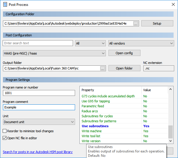 How to post subprograms and looping subprograms from Fusion 360 or HSM CAM