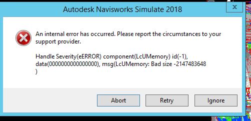 "An internal error has occurred" while saving to NWD file in Navisworks